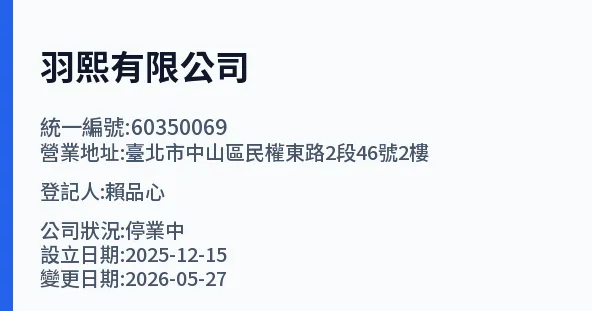 羽熙有限公司的照片-統編 60350069(臺北市) 公司登記資料與營業項目詳細圖表