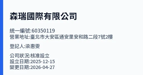 森瑞國際有限公司的照片-統編 60350119(臺北市) 公司登記資料與營業項目詳細圖表
