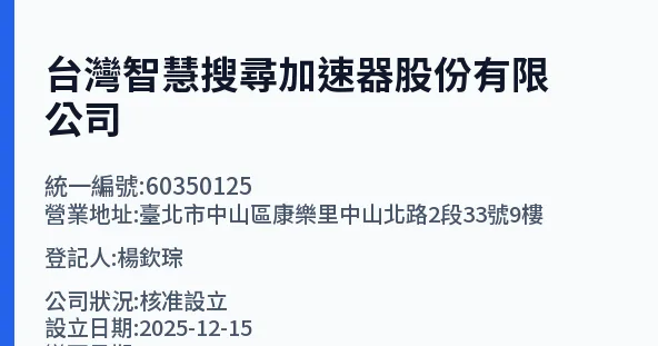 台灣智慧搜尋加速器股份有限公司的照片-統編 60350125(臺北市) 公司登記資料與營業項目詳細圖表