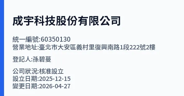 成宇科技股份有限公司的照片-統編 60350130(臺北市) 公司登記資料與營業項目詳細圖表