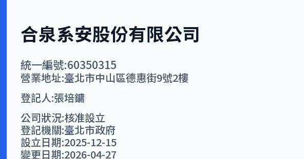 合泉系安股份有限公司的照片-統編 60350315(臺北市) 公司登記資料與營業項目詳細圖表