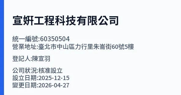 宣姸工程科技有限公司的照片-統編 60350504(臺北市) 公司登記資料與營業項目詳細圖表