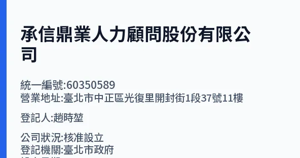 承信鼎業人力顧問股份有限公司的照片-統編 60350589(臺北市) 公司登記資料與營業項目詳細圖表