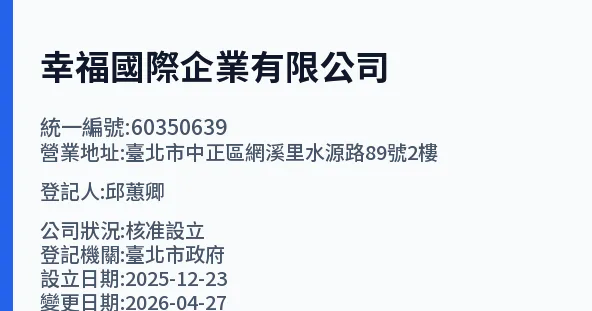 幸福國際企業有限公司的照片-統編 60350639(臺北市) 公司登記資料與營業項目詳細圖表