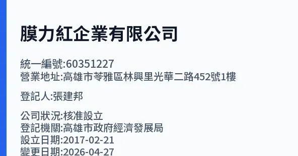膜力紅企業有限公司的照片-統編 60351227(高雄市) 公司登記資料與營業項目詳細圖表