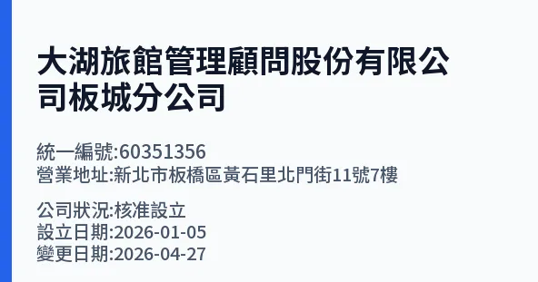 大湖旅館管理顧問股份有限公司板城分公司的照片-統編 60351356(新北市) 公司登記資料與營業項目詳細圖表