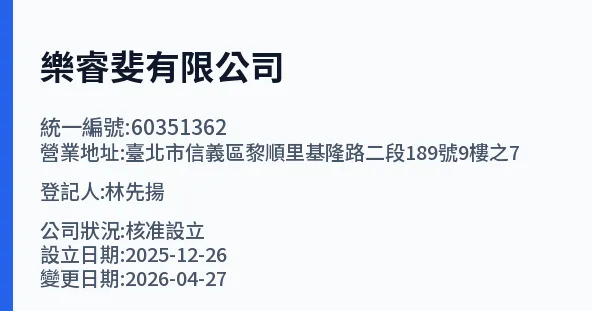 樂睿斐有限公司的照片-統編 60351362(臺北市) 公司登記資料與營業項目詳細圖表