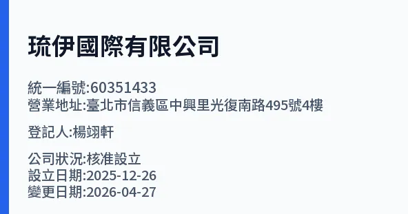 琉伊國際有限公司的照片-統編 60351433(臺北市) 公司登記資料與營業項目詳細圖表