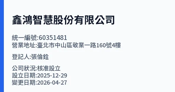 鑫鴻智慧股份有限公司的照片-統編 60351481(臺北市) 公司登記資料與營業項目詳細圖表