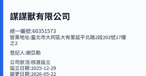 謀謀獸有限公司的照片-統編 60351573(臺北市) 公司登記資料與營業項目詳細圖表