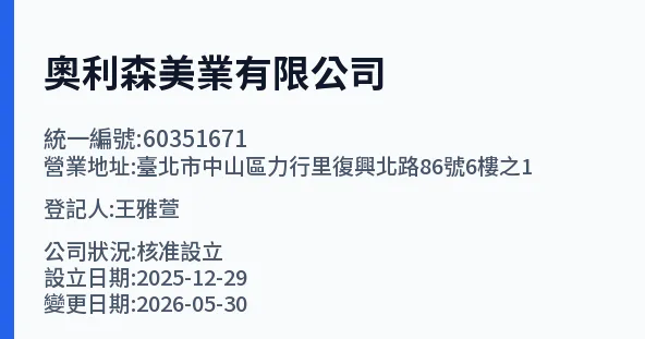 奧利森美業有限公司的照片-統編 60351671(臺北市) 公司登記資料與營業項目詳細圖表