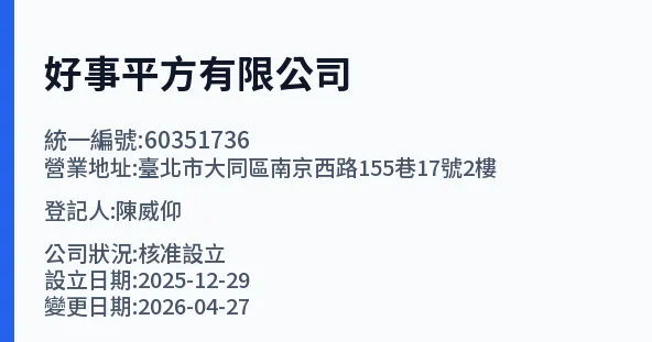 好事平方有限公司的照片-統編 60351736(臺北市) 公司登記資料與營業項目詳細圖表
