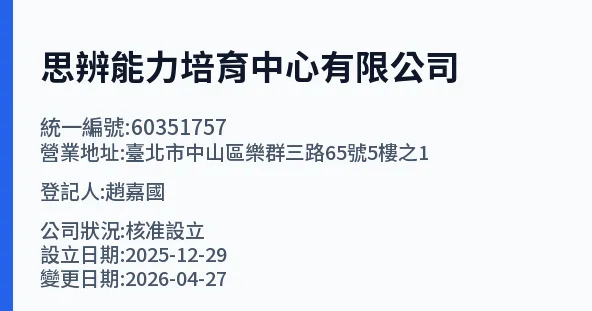 思辨能力培育中心有限公司的照片-統編 60351757(臺北市) 公司登記資料與營業項目詳細圖表