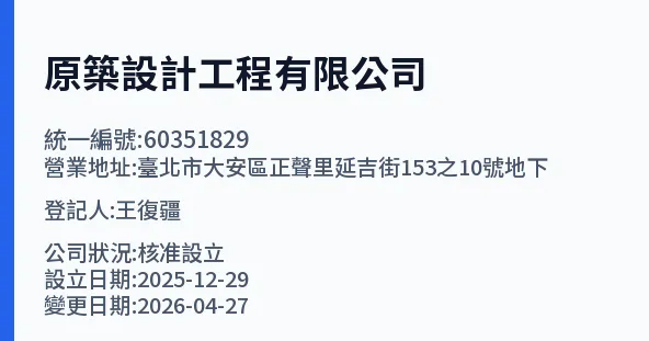 原築設計工程有限公司的照片-統編 60351829(臺北市) 公司登記資料與營業項目詳細圖表