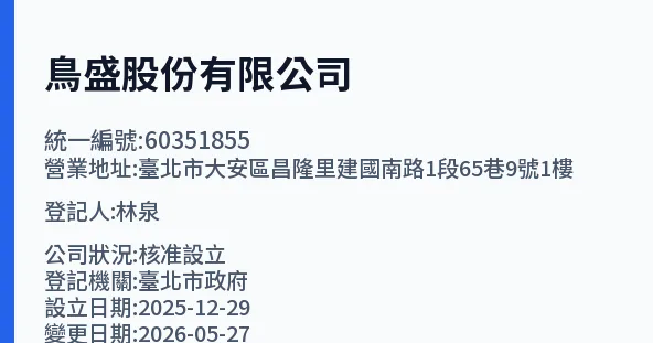鳥盛股份有限公司的照片-統編 60351855(臺北市) 公司登記資料與營業項目詳細圖表