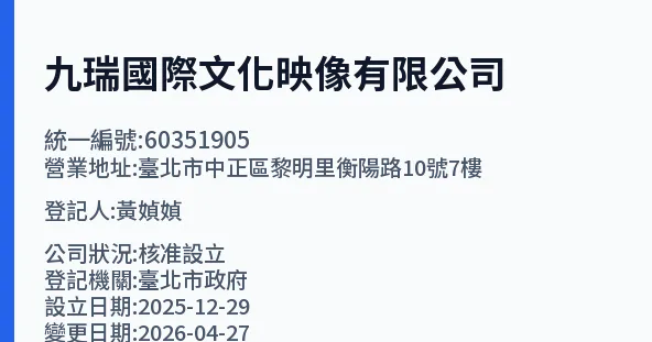 九瑞國際文化映像有限公司的照片-統編 60351905(臺北市) 公司登記資料與營業項目詳細圖表