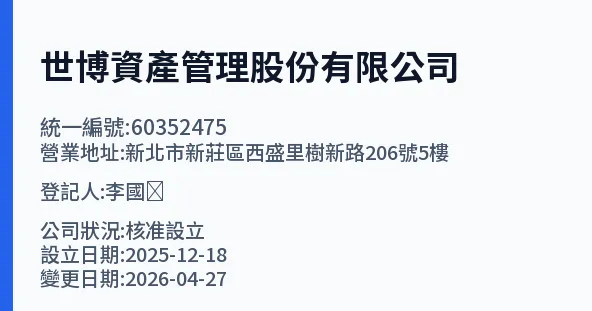 世博資產管理股份有限公司的照片-統編 60352475(新北市) 公司登記資料與營業項目詳細圖表