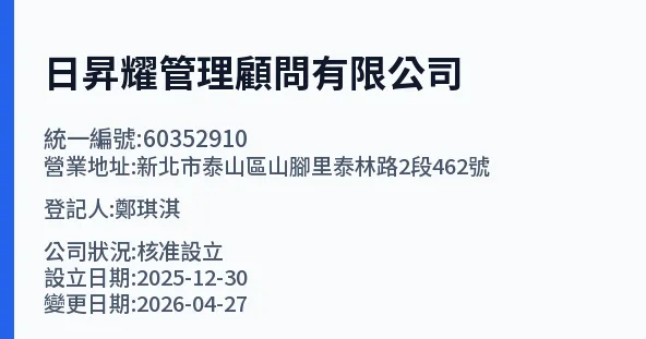 日昇耀管理顧問有限公司的照片-統編 60352910(新北市) 公司登記資料與營業項目詳細圖表