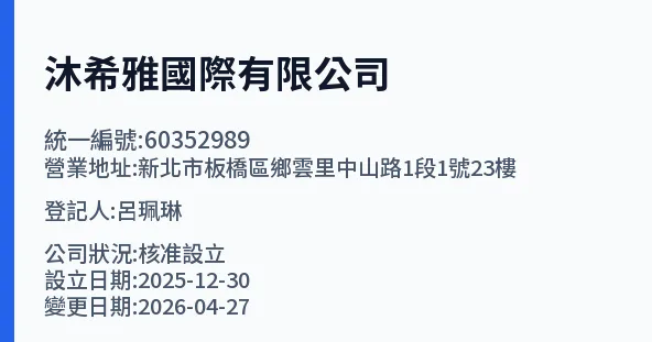 沐希雅國際有限公司的照片-統編 60352989(新北市) 公司登記資料與營業項目詳細圖表