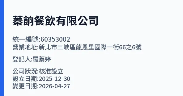 蓁餉餐飲有限公司的照片-統編 60353002(新北市) 公司登記資料與營業項目詳細圖表