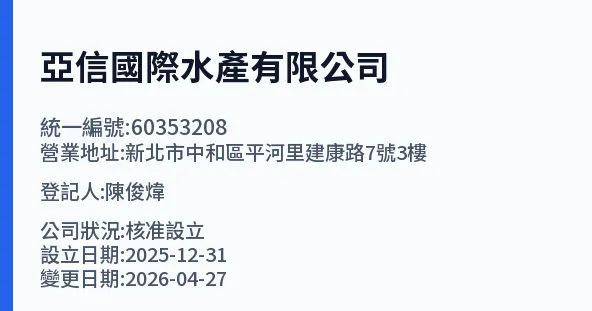 亞信國際水產有限公司的照片-統編 60353208(新北市) 公司登記資料與營業項目詳細圖表