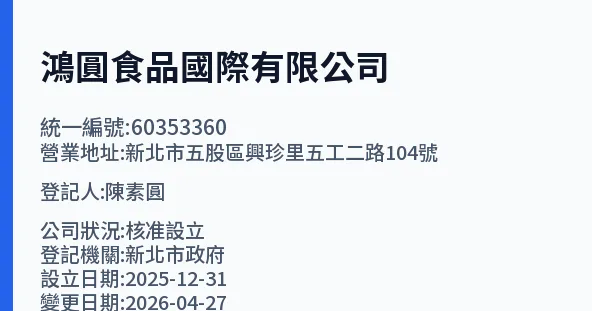 鴻圓食品國際有限公司的照片-統編 60353360(新北市) 公司登記資料與營業項目詳細圖表