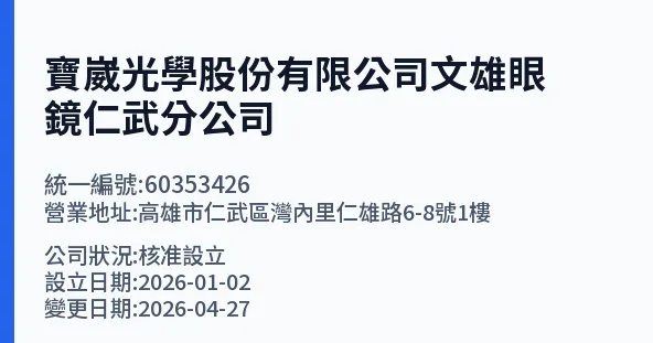寶崴光學股份有限公司文雄眼鏡仁武分公司的照片-統編 60353426(高雄市) 公司登記資料與營業項目詳細圖表
