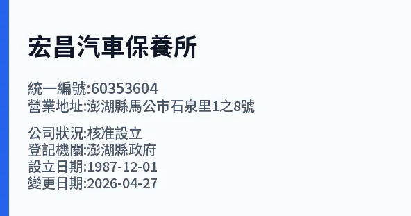 宏昌汽車保養所的照片-統編 60353604(澎湖縣) 公司登記資料與營業項目詳細圖表