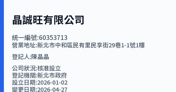 晶誠旺有限公司的照片-統編 60353713(新北市) 公司登記資料與營業項目詳細圖表