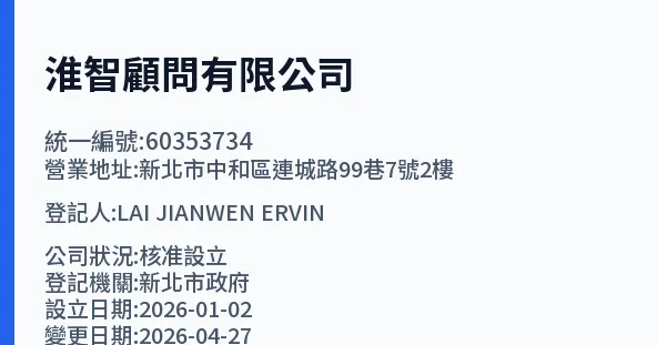 淮智顧問有限公司的照片-統編 60353734(新北市) 公司登記資料與營業項目詳細圖表