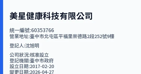 美星健康科技有限公司的照片-統編 60353766(臺中市) 公司登記資料與營業項目詳細圖表
