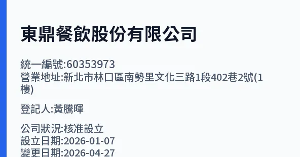 東鼎餐飲股份有限公司的照片-統編 60353973(新北市) 公司登記資料與營業項目詳細圖表