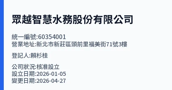 眾越智慧水務股份有限公司的照片-統編 60354001(新北市) 公司登記資料與營業項目詳細圖表