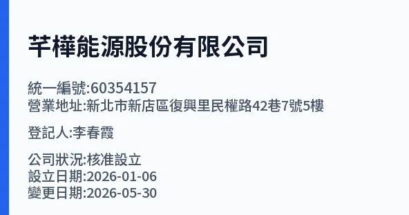 芊樺能源股份有限公司的照片-統編 60354157(新北市) 公司登記資料與營業項目詳細圖表