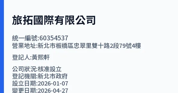 旅拓國際有限公司的照片-統編 60354537(新北市) 公司登記資料與營業項目詳細圖表