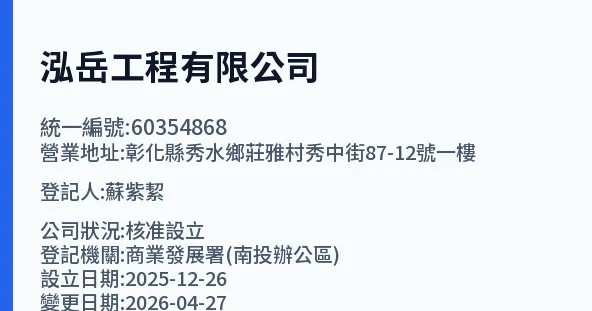 泓岳工程有限公司的照片-統編 60354868(彰化縣) 公司登記資料與營業項目詳細圖表
