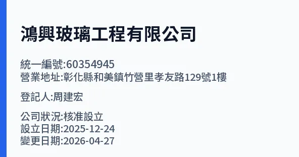 鴻興玻璃工程有限公司的照片-統編 60354945(彰化縣) 公司登記資料與營業項目詳細圖表