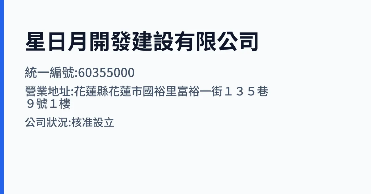 星日月開發建設有限公司 - 統編 60355000（花蓮縣） 公司登記資料與營業項目詳細圖表