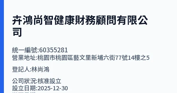 卉鴻尚智健康財務顧問有限公司的照片-統編 60355281(桃園市) 公司登記資料與營業項目詳細圖表