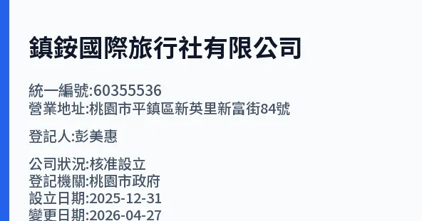 鎮銨國際旅行社有限公司的照片-統編 60355536(桃園市) 公司登記資料與營業項目詳細圖表