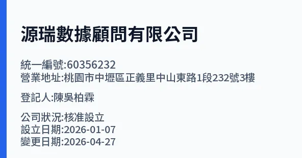 源瑞數據顧問有限公司的照片-統編 60356232(桃園市) 公司登記資料與營業項目詳細圖表