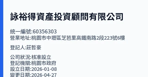詠裕得資產投資顧問有限公司的照片-統編 60356303(桃園市) 公司登記資料與營業項目詳細圖表