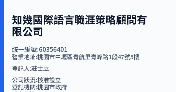 知幾國際語言職涯策略顧問有限公司的照片-統編 60356401(桃園市) 公司登記資料與營業項目詳細圖表