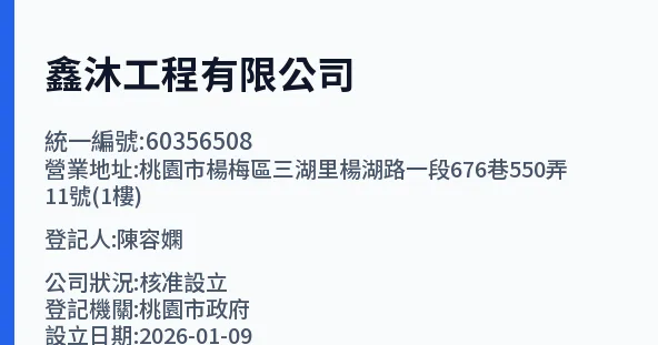 鑫沐工程有限公司的照片-統編 60356508(桃園市) 公司登記資料與營業項目詳細圖表