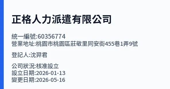 正格人力派遣有限公司的照片-統編 60356774(桃園市) 公司登記資料與營業項目詳細圖表