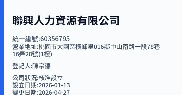 聯興人力資源有限公司的照片-統編 60356795(桃園市) 公司登記資料與營業項目詳細圖表