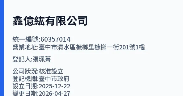 鑫億紘有限公司的照片-統編 60357014(臺中市) 公司登記資料與營業項目詳細圖表