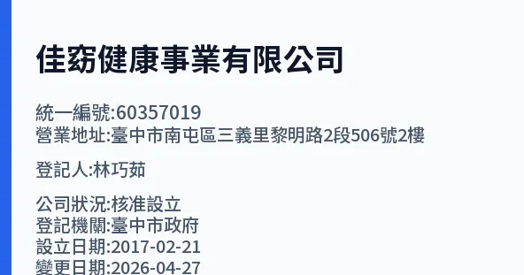 佳窈健康事業有限公司的照片-統編 60357019(臺中市) 公司登記資料與營業項目詳細圖表