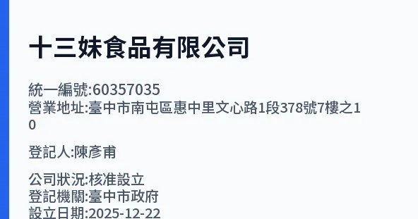 十三妹食品有限公司的照片-統編 60357035(臺中市) 公司登記資料與營業項目詳細圖表