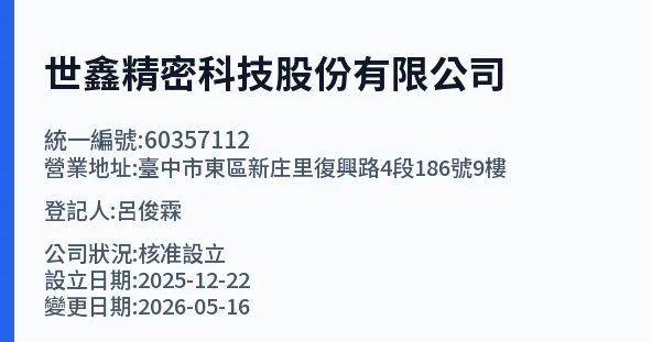 世鑫精密科技股份有限公司的照片-統編 60357112(臺中市) 公司登記資料與營業項目詳細圖表